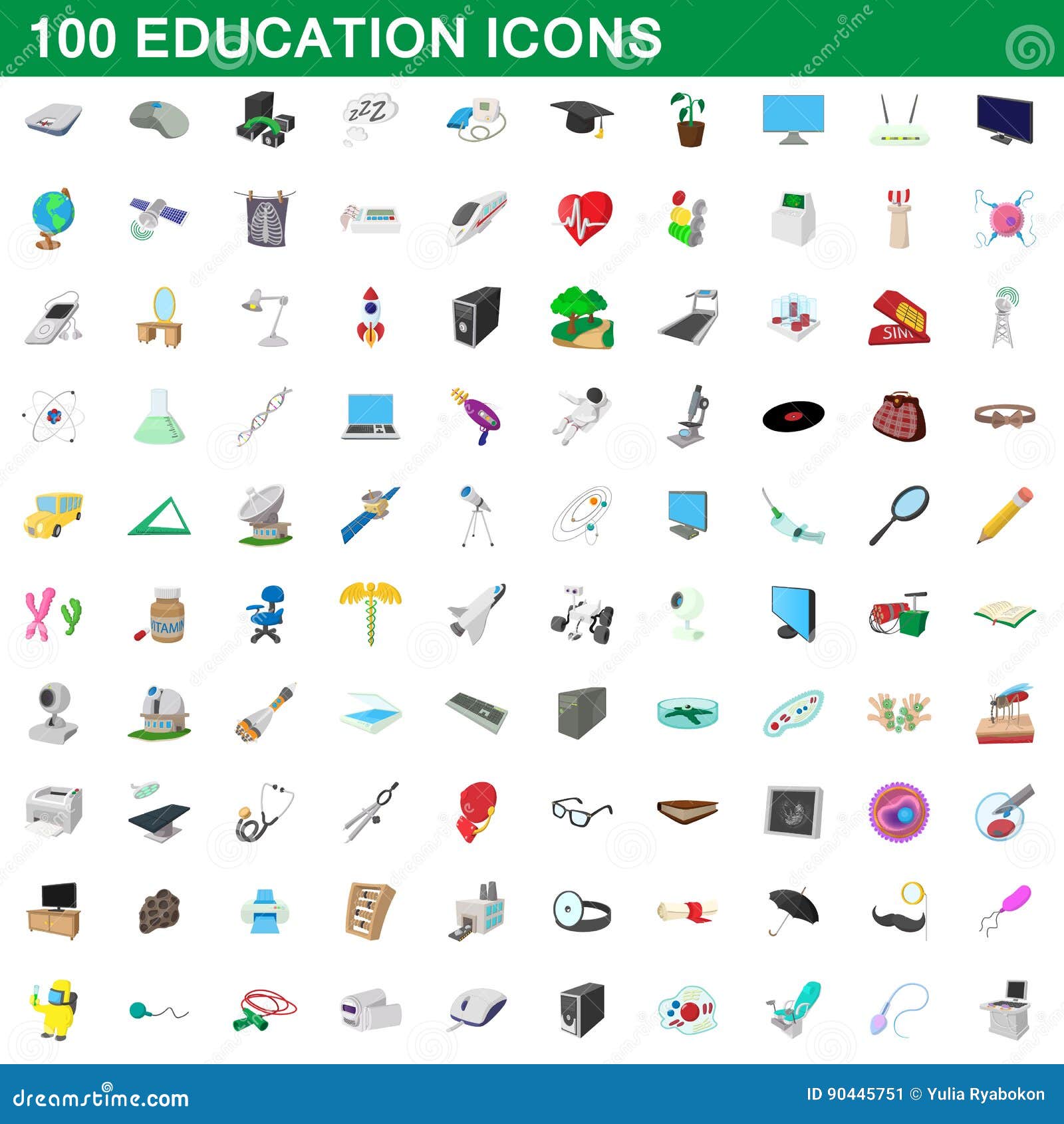 100 Education Icons Set, Cartoon Style Stock Vector - Illustration of ...