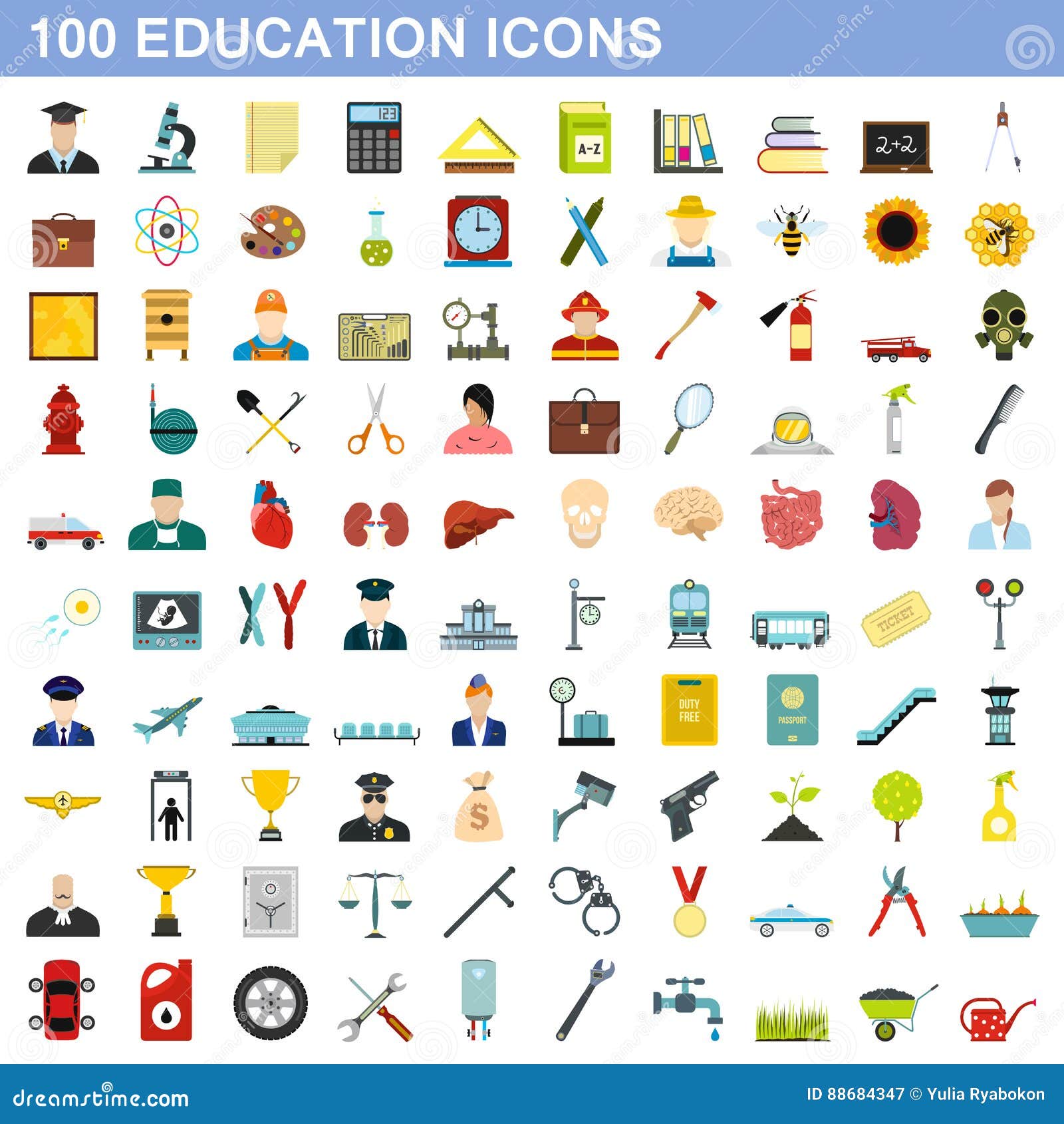 100 Education Icons Set, Flat Style Stock Vector - Illustration of ...