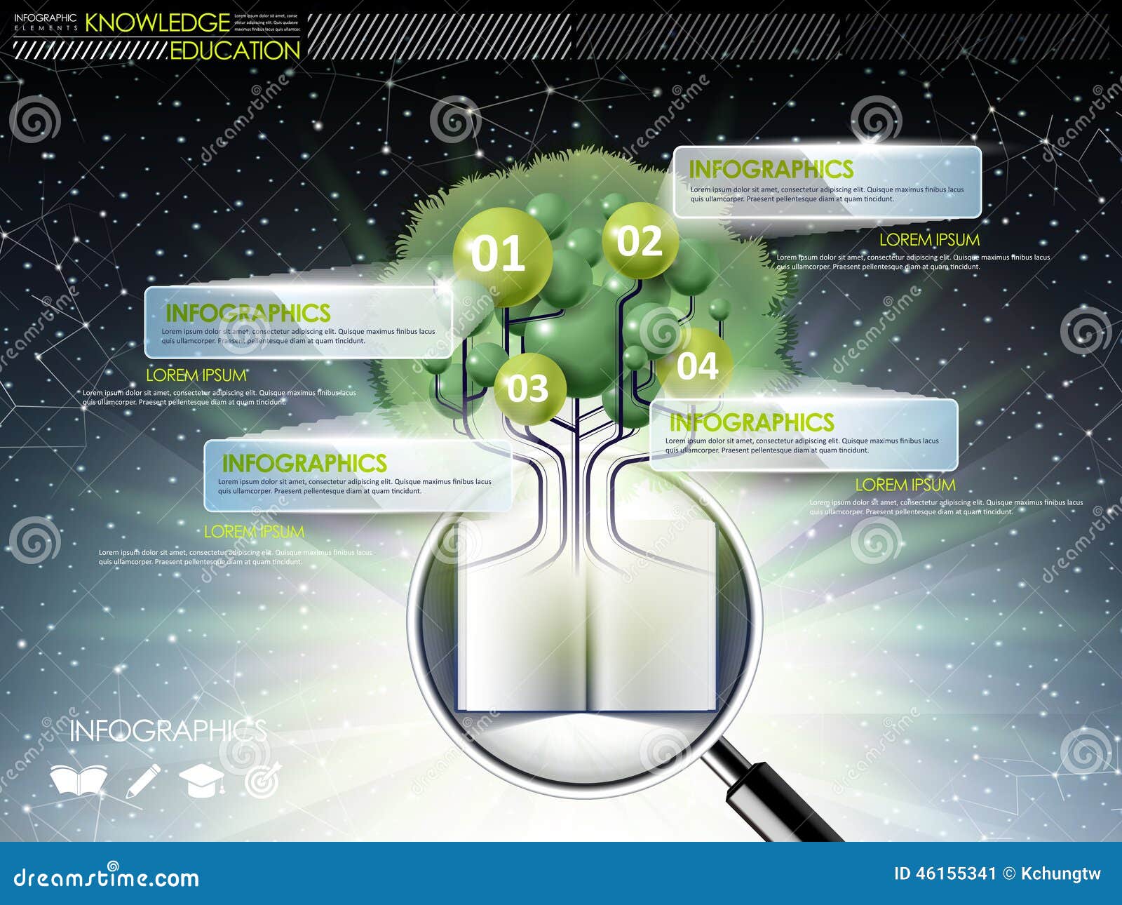 Education Infographic Design Elements with Tree and Magnifying G Stock ...