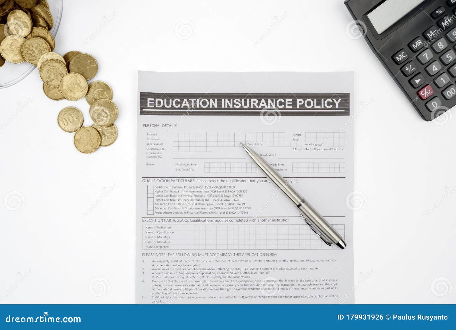 Education Insurance Form with Coins and Calculator Stock Photo - Image ...
