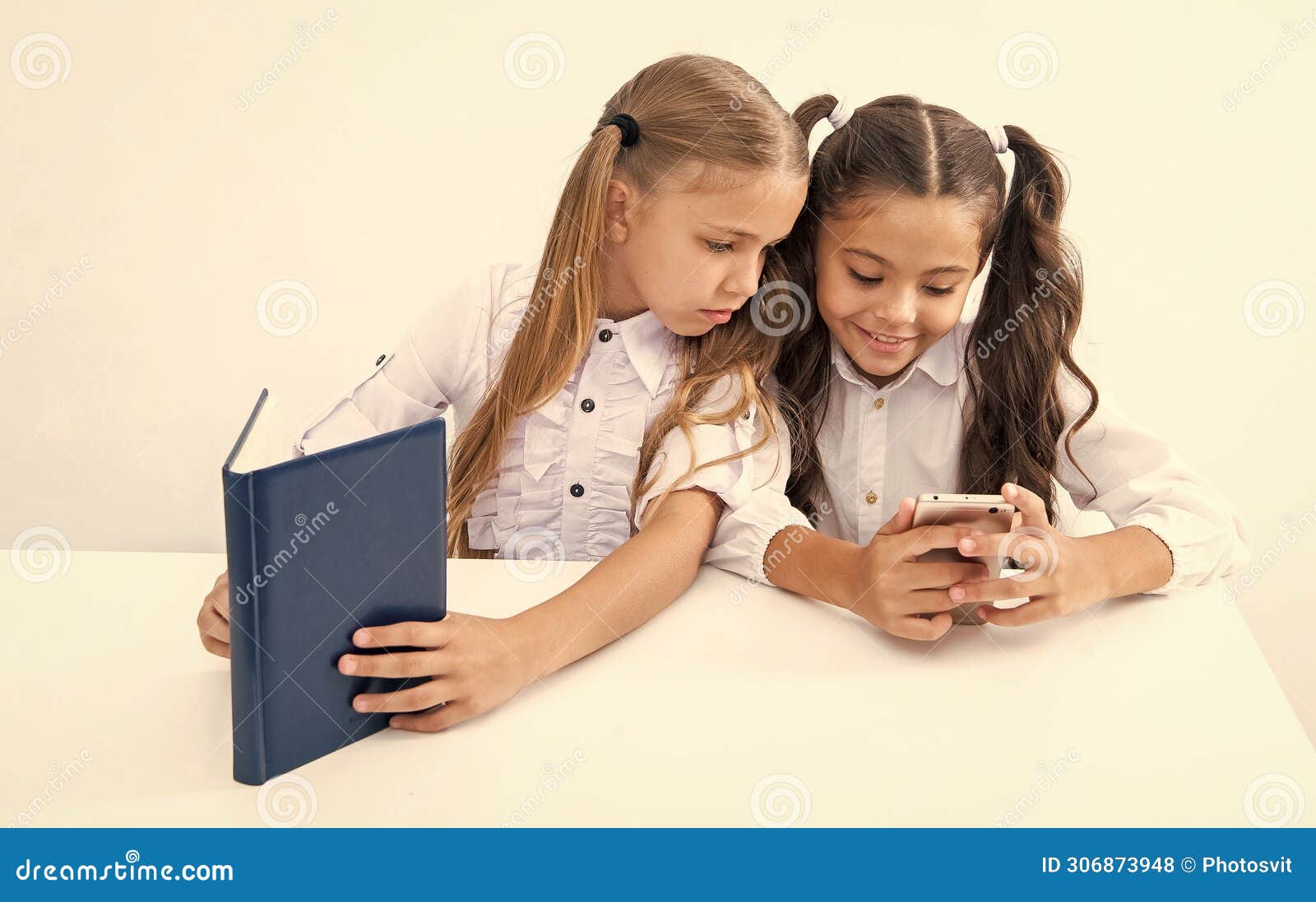 Education and Knowledge. Children Girls Study with Books. High School ...
