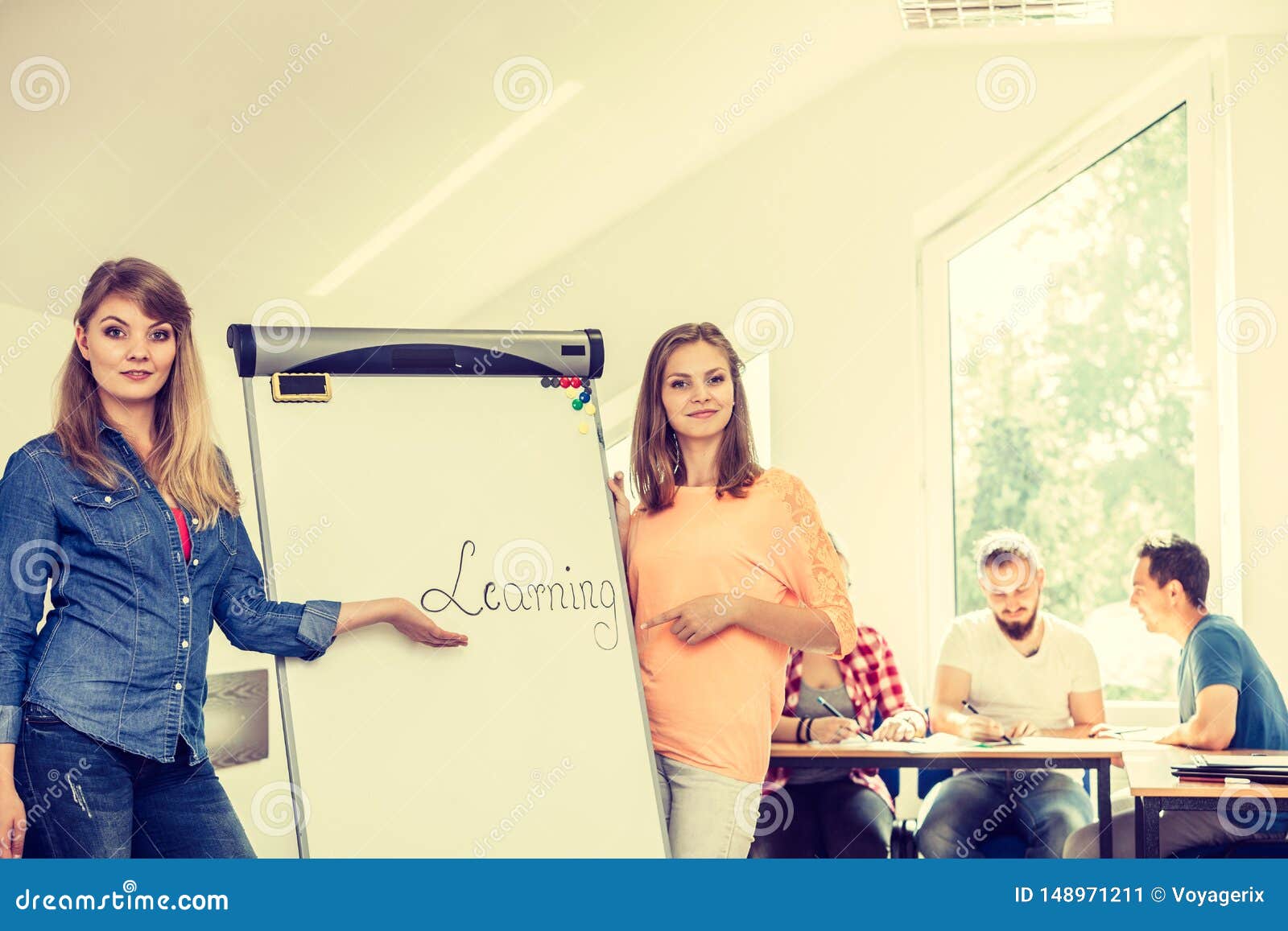 Student Girls Writting Learning Word on Whiteboard Stock Image - Image ...