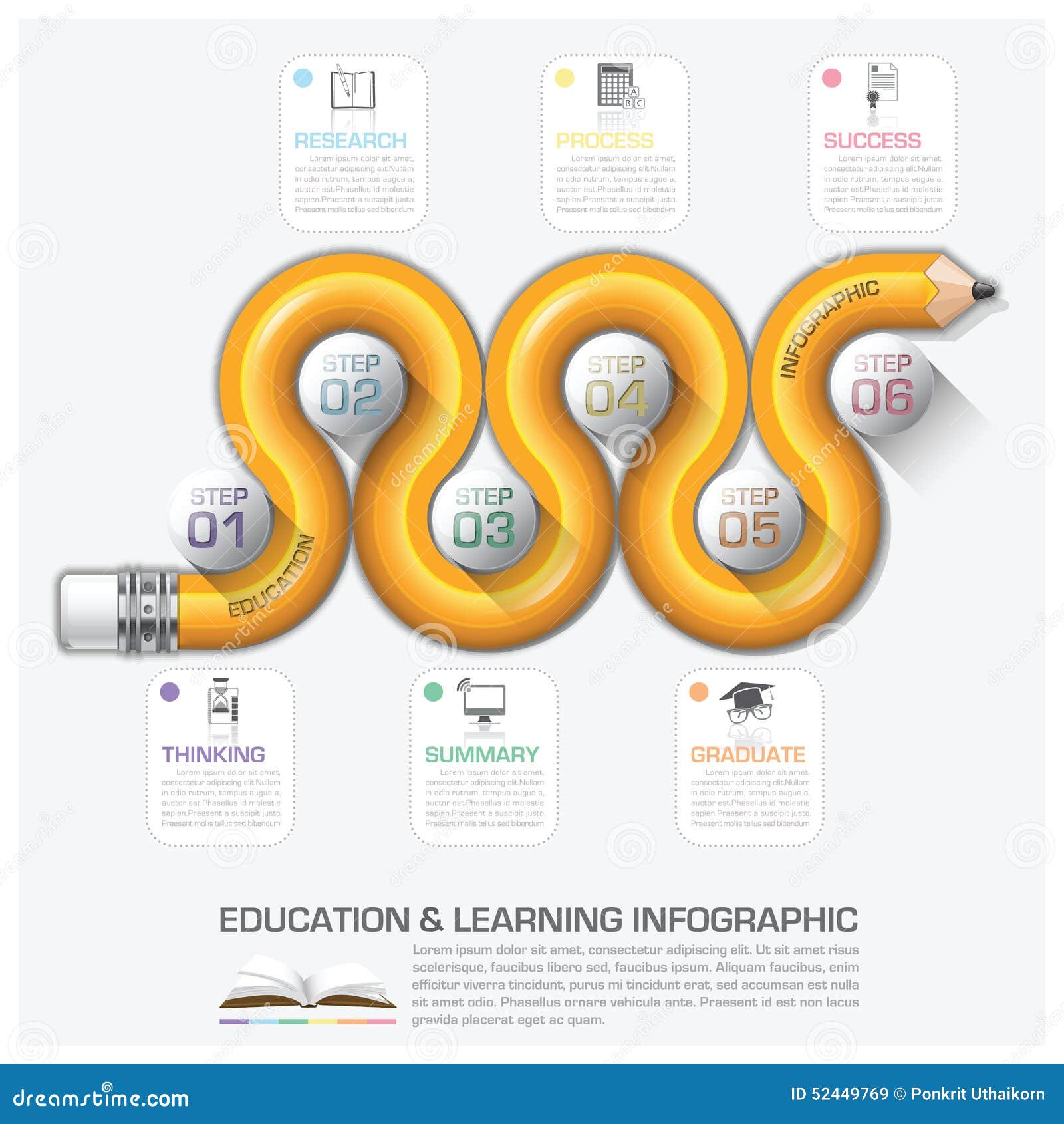 Education and Learning Step Infographic with Curve Pencil Diagra Stock ...