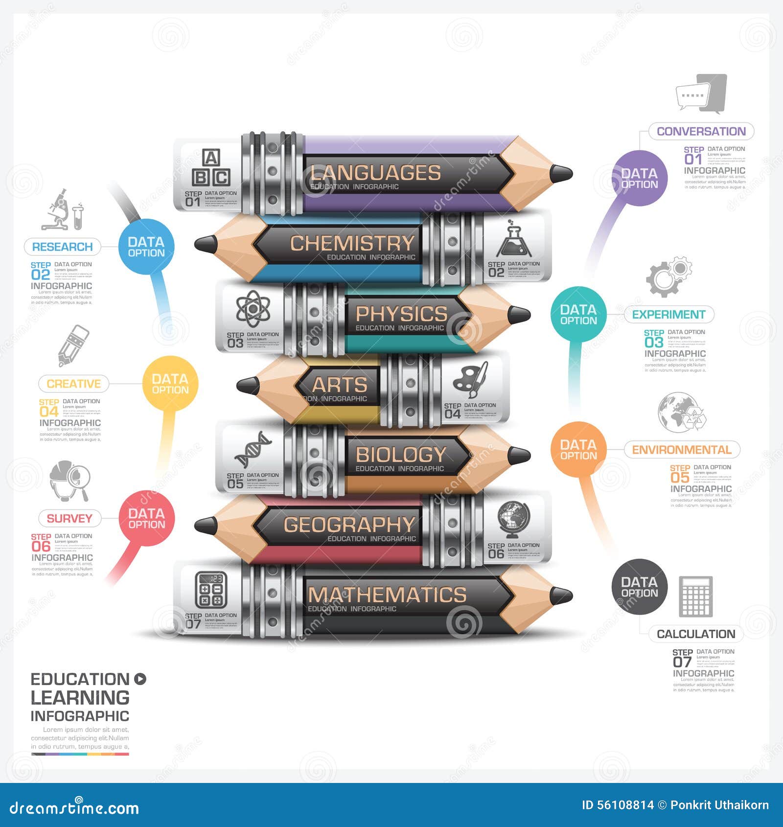 Education and Learning Subject Pencil Step Infographic Diagram Stock ...