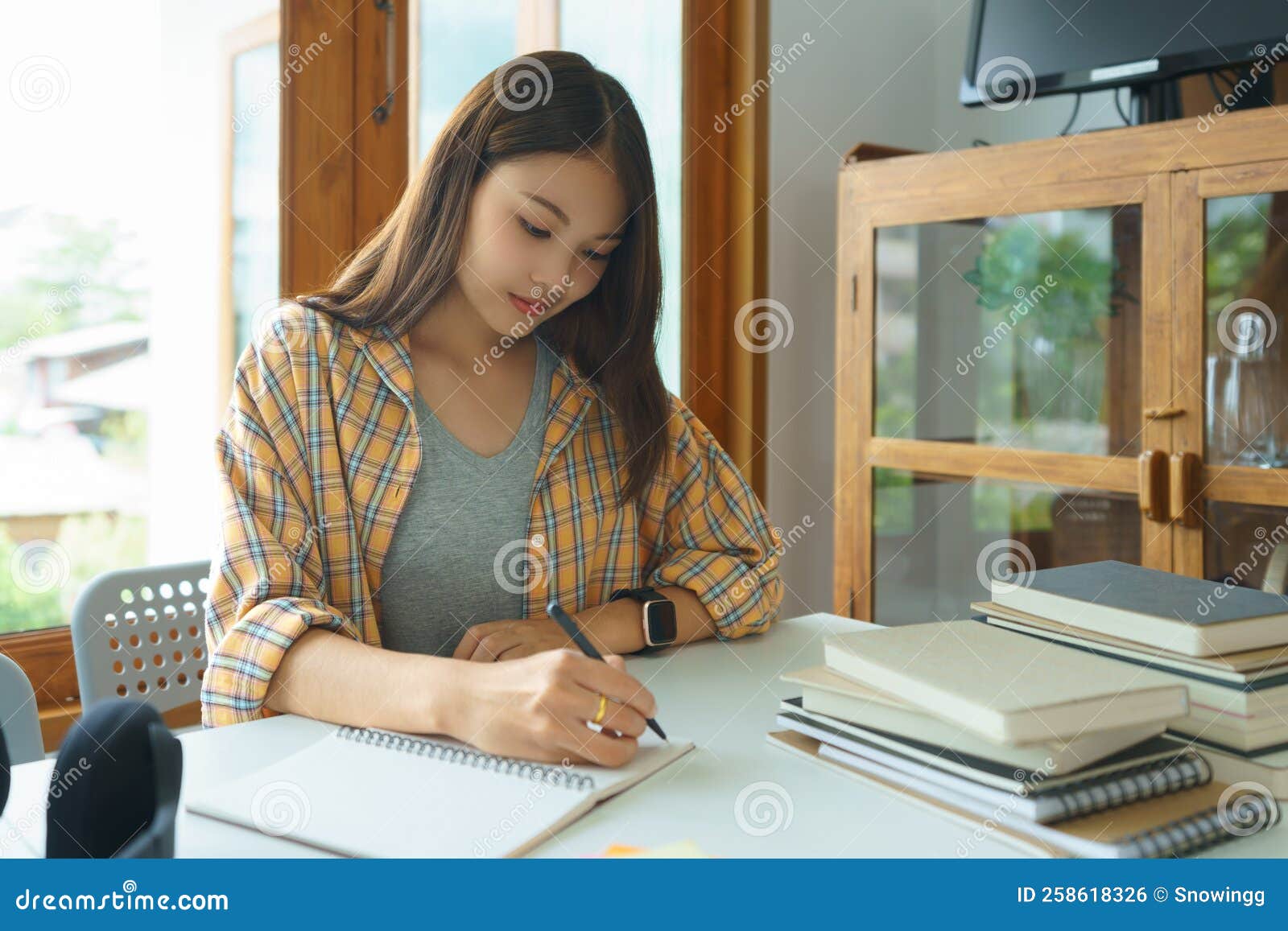 Education and Literacy Concept, College Student Girl Reading Textbook ...
