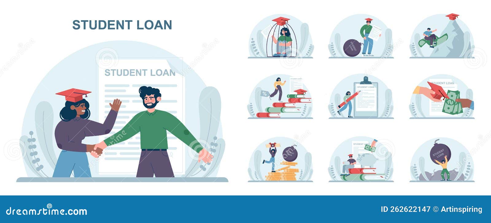 Education Loan Set. Student Characters Paying Debt for Education Stock ...