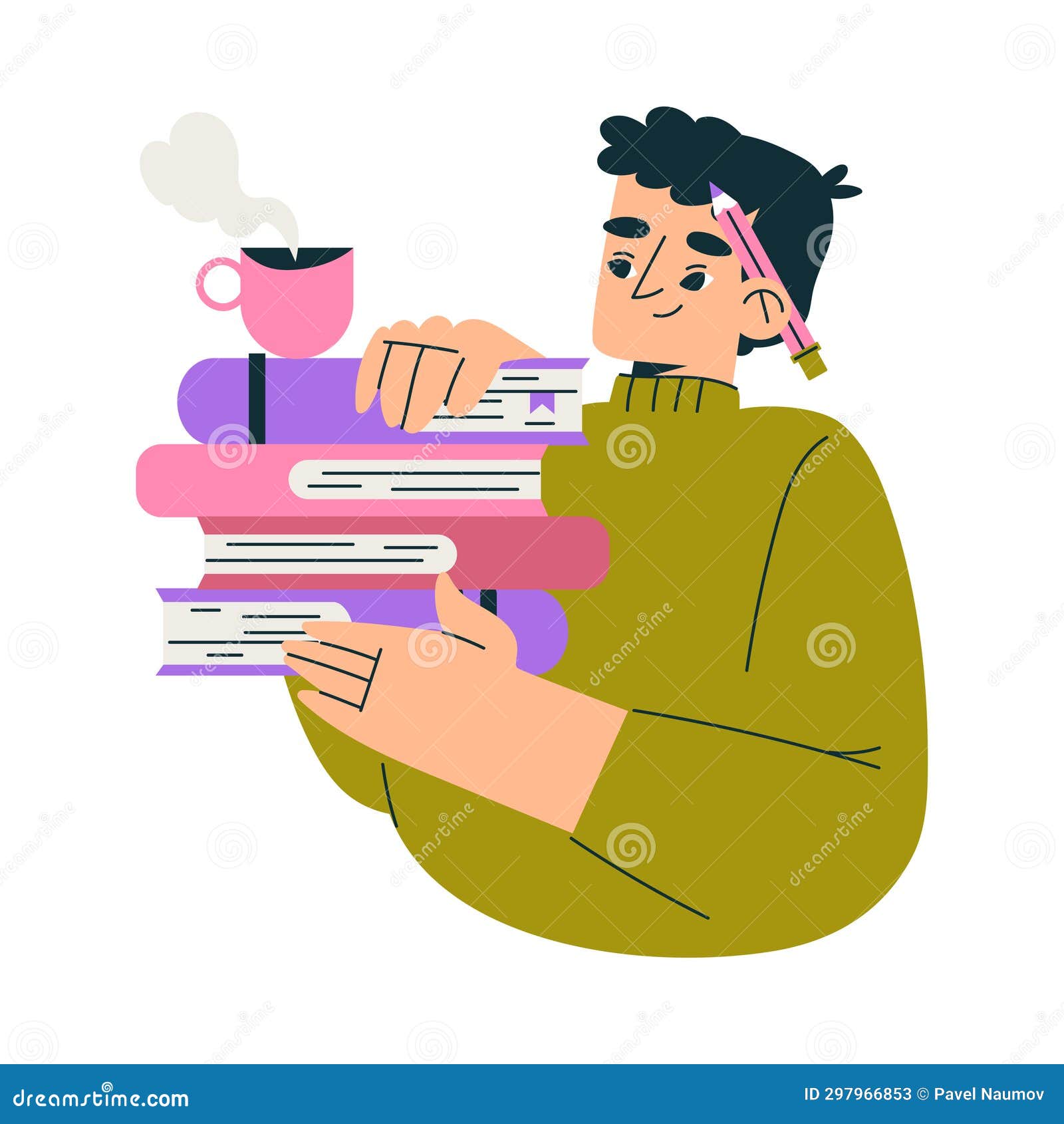Education with Man Character with Pile of Books and Cup Learning and ...