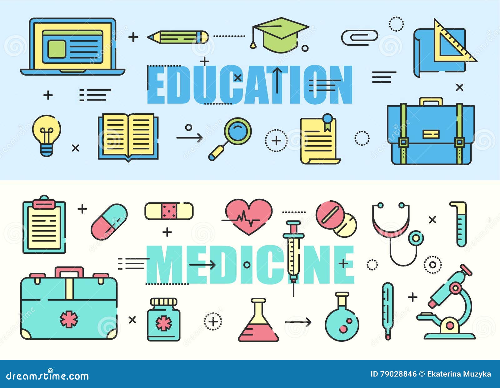 Education and Medicine Flat Thin Line Design Banners. Vector Concept ...
