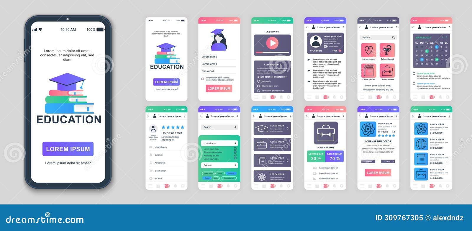 Education Mobile App Interface Screens Template Set. Vector Design ... Education Mobile App Interface Screens Template Set. Vector Design ...