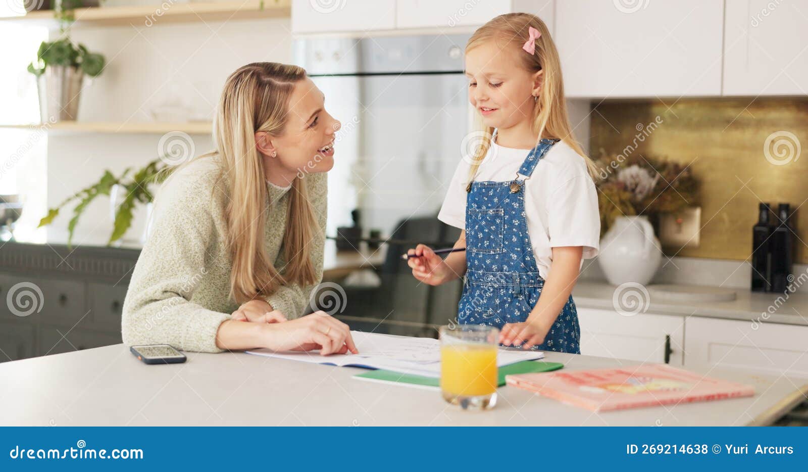 Education, Mother and Girl Writing in Kitchen for School Task ...