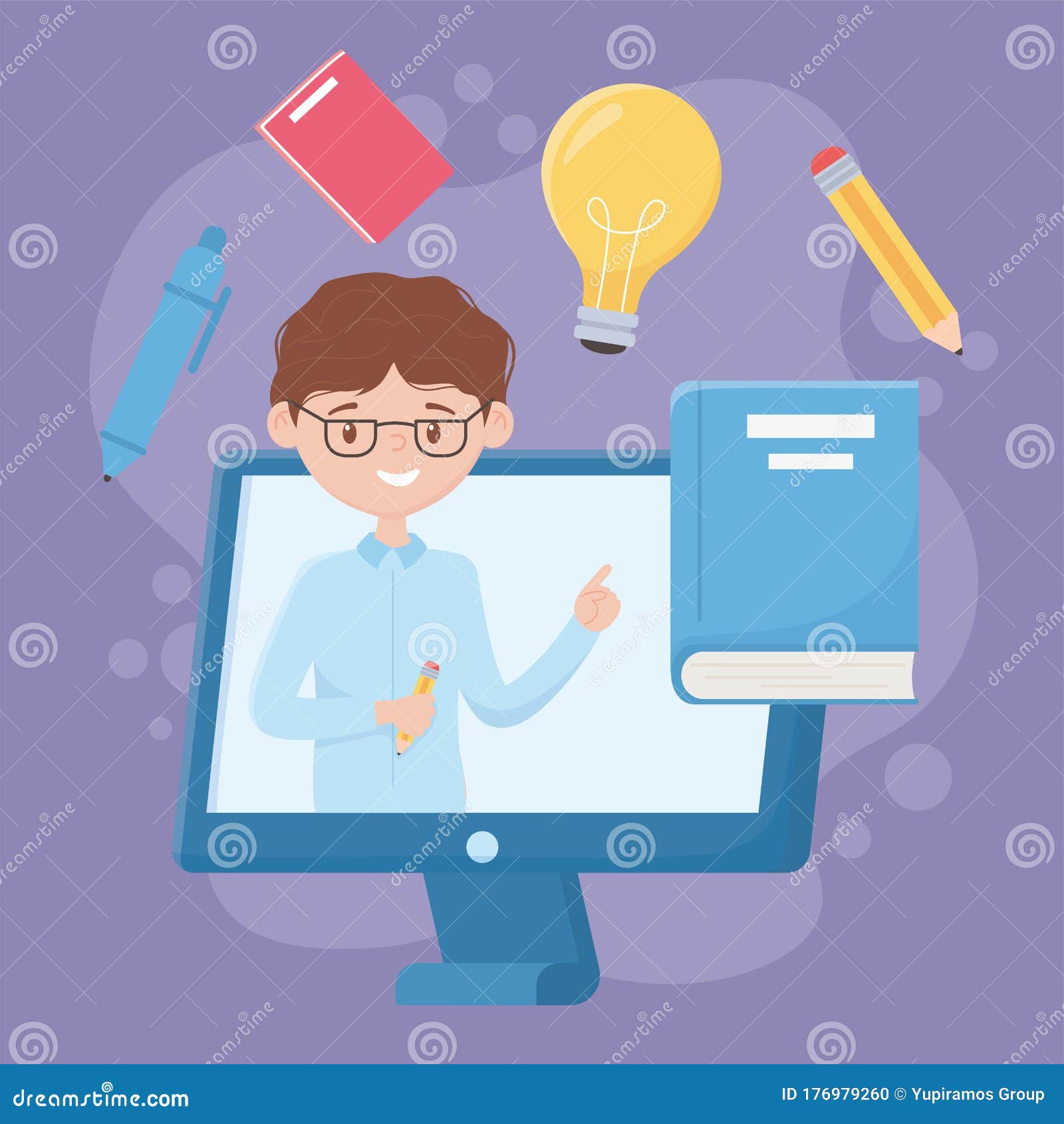 Education Online Teacher in Computer with Book Pencil Creativity Stock ...