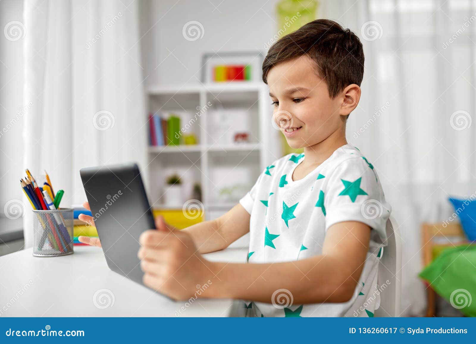 Student Boy with Tablet Pc and Notebook at Home Stock Image - Image of ...