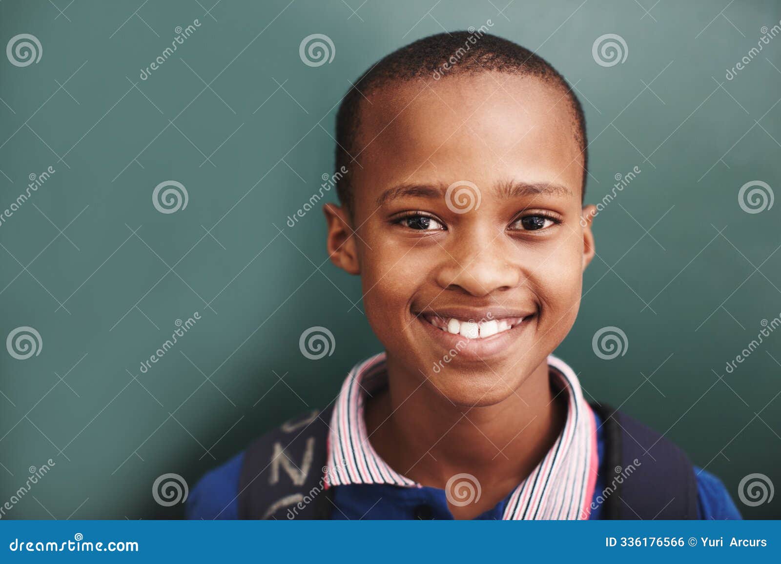 Education, Portrait and Smile of Boy on Chalkboard in School Classroom ...
