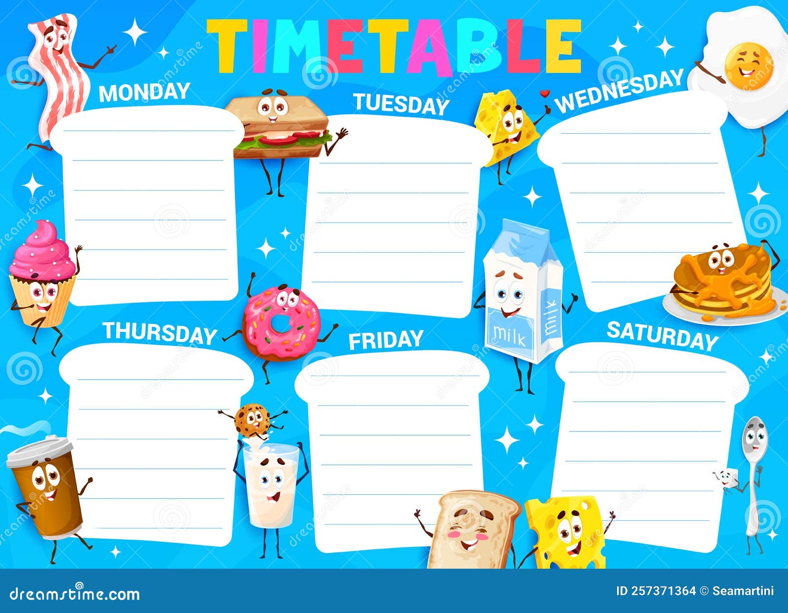 Education Schedule with Breakfast Funny Characters Stock Vector ...