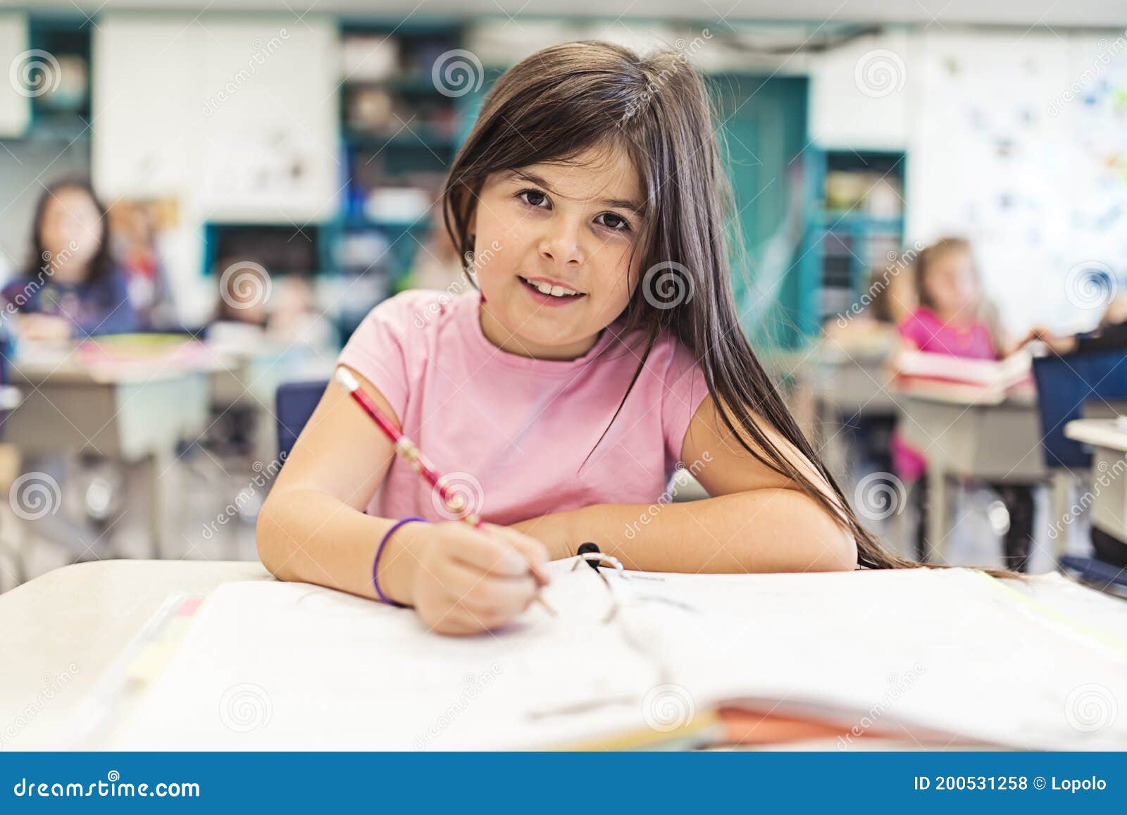 Education and School Concept Little Student Girl Studying at School ...