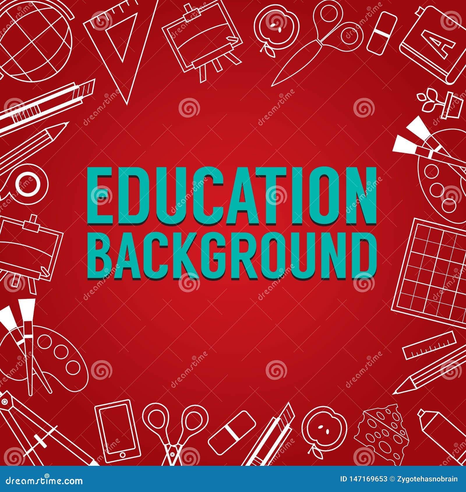 Education School Supplies Lined Icon Stuff Square Border Banner Red ...