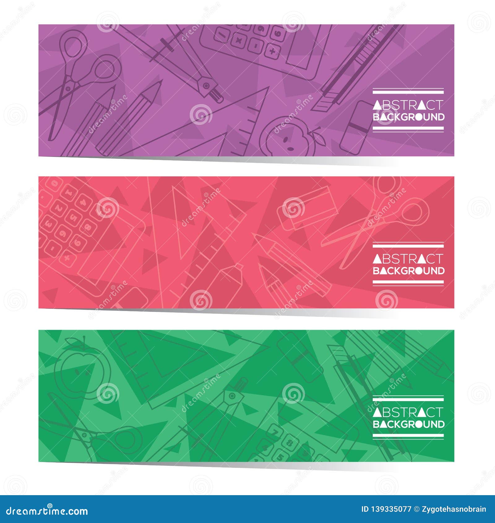 Education School Supplies Lined Icon Stuff Three Horizontal Banner Set ...