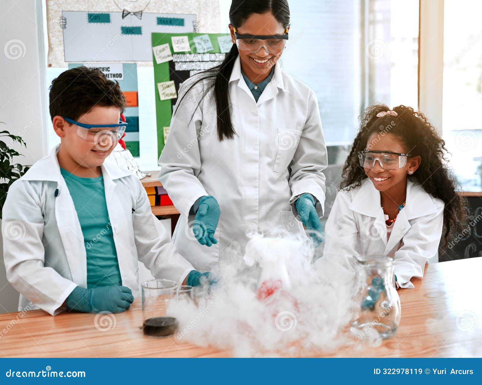 Education, Science or Smoke with Teacher and Students at Table in ...