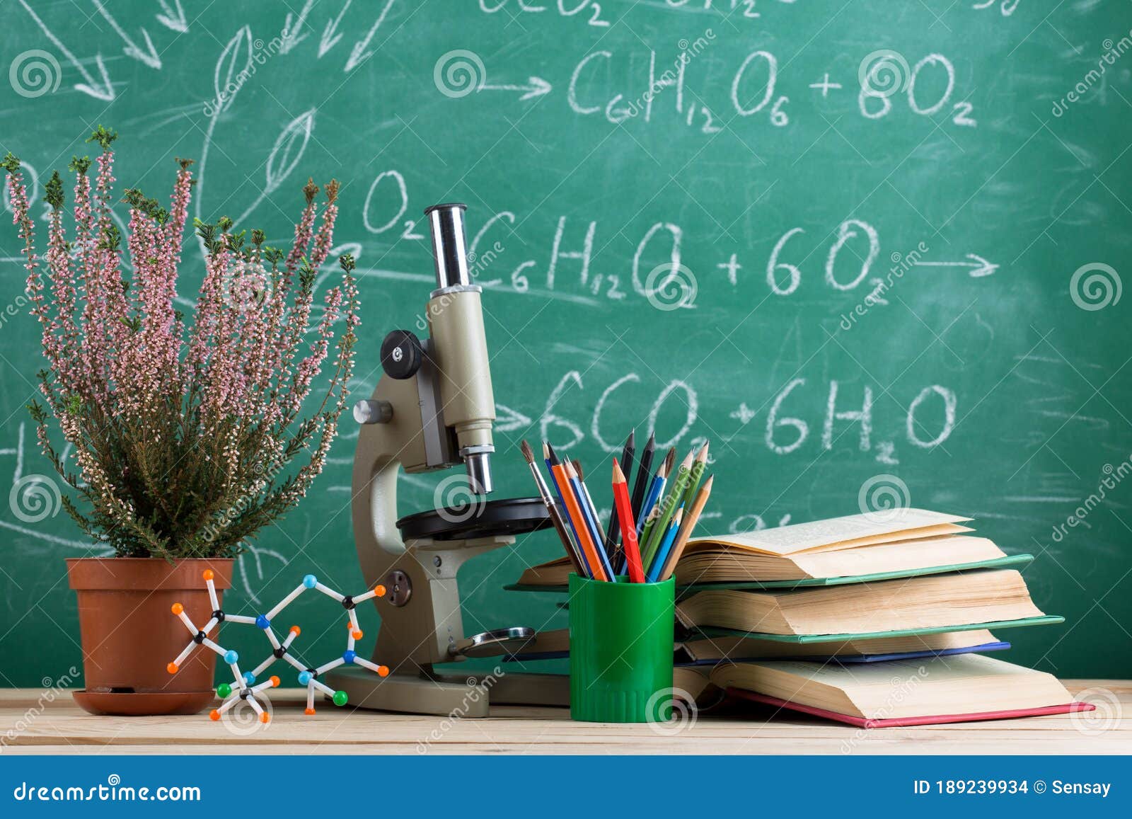 Education and Sciences Concept - Books, Molecule Model and Microscope ...