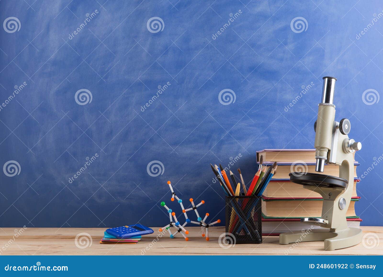 Education And Sciences Concept - Books, Molecule Model And Microscope ...