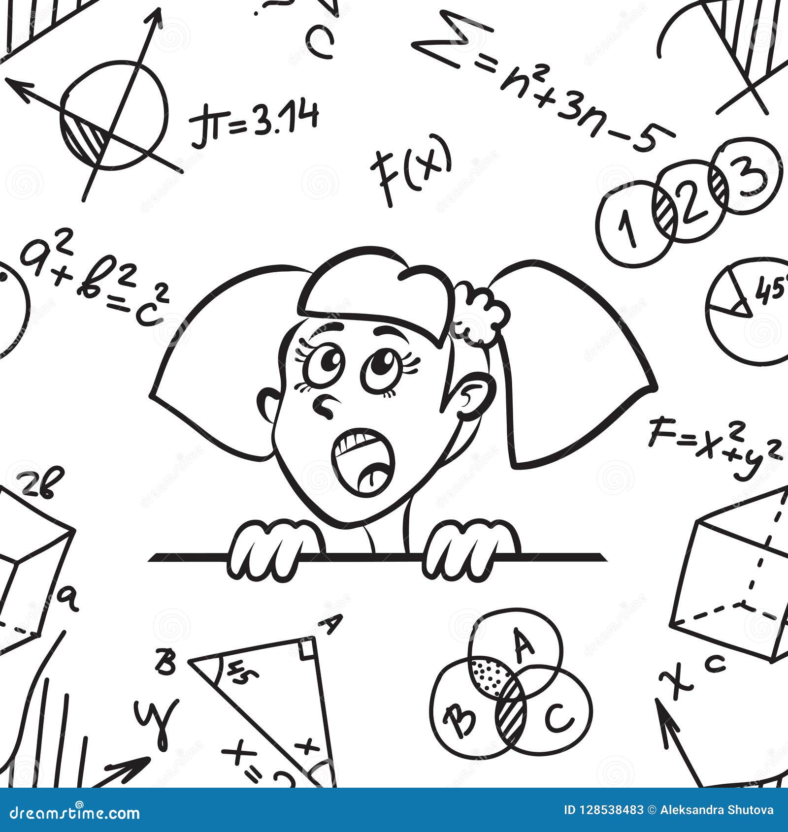 Education Seamless Pattern With Cute Cartoon Girl And Math And Geometry ...