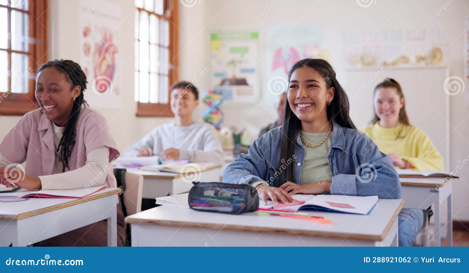 Education, Smile and Student Friends Laughing in Class while Learning ...