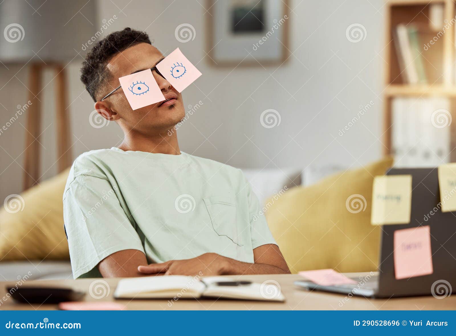 Education, Sticky Notes and a Man Student Sleeping at His Desk in the ...