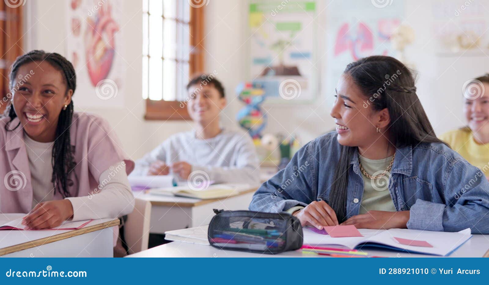 Education, Study and Student Friends Laughing in Class while Learning ...