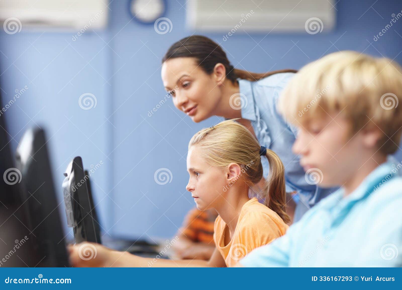 Education, Teacher and Children in Classroom, Computer and Teaching of ...