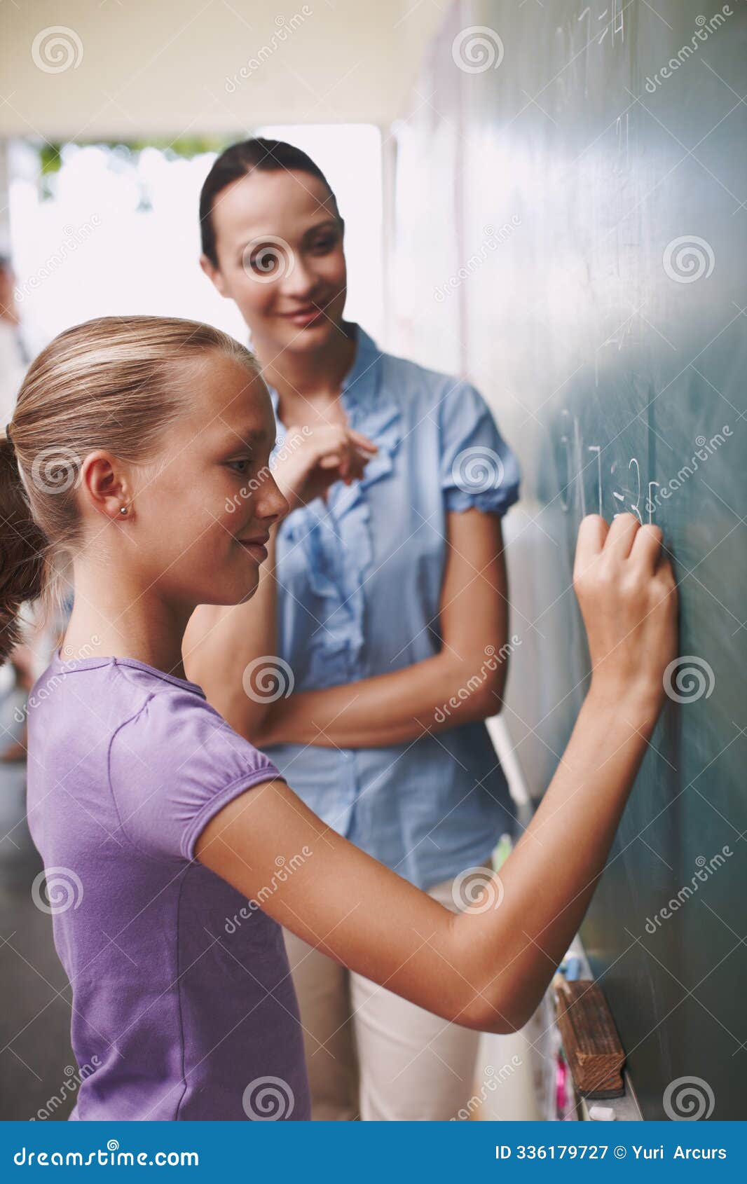 Education, Teacher Ir Girl with Writing on Chalkboard in Classroom for ...