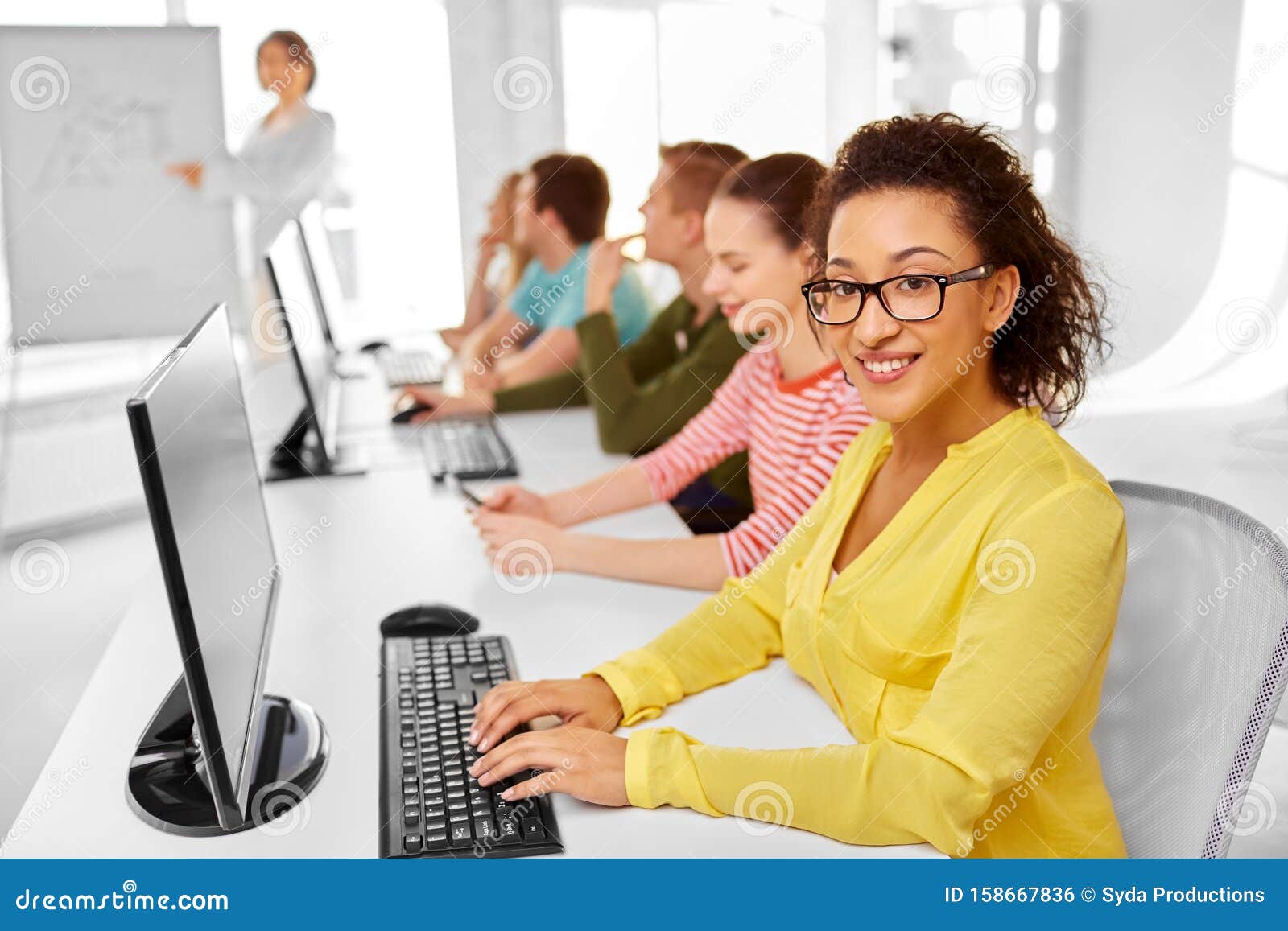 Happy High School Students in Computer Class Stock Photo - Image of ...