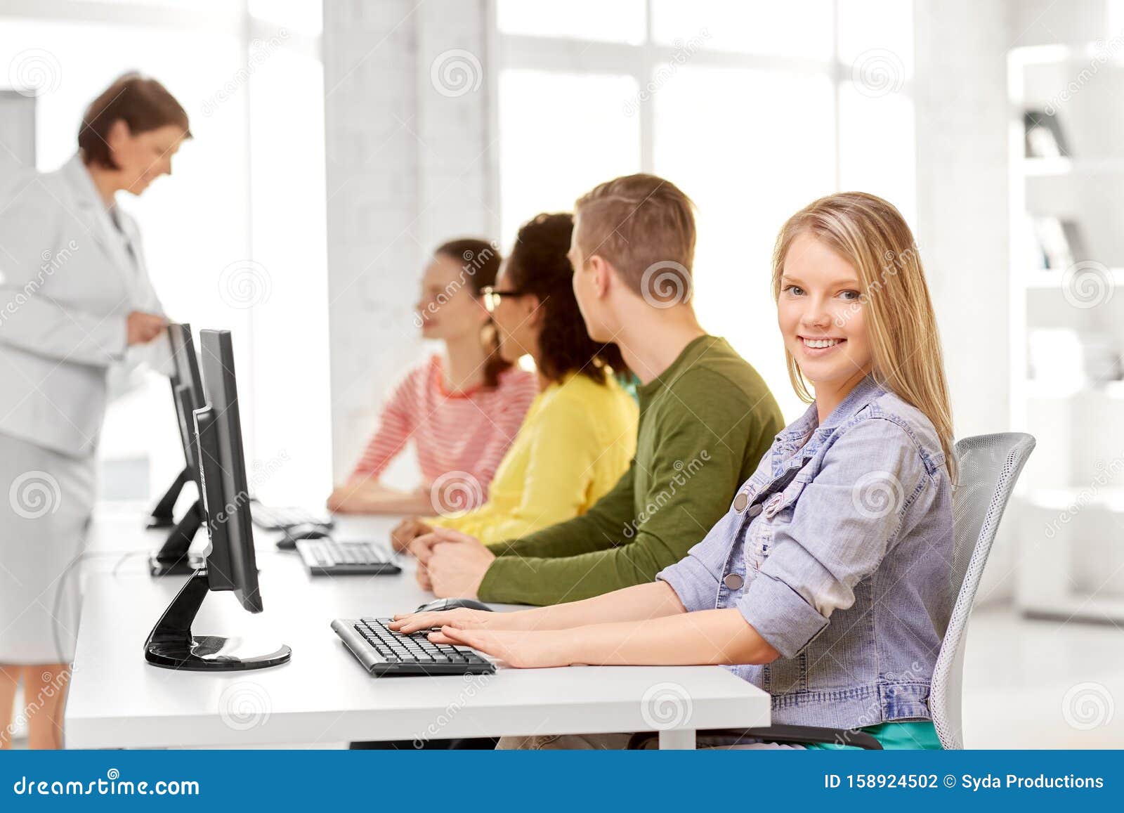 Happy High School Students in Computer Class Stock Photo - Image of ...