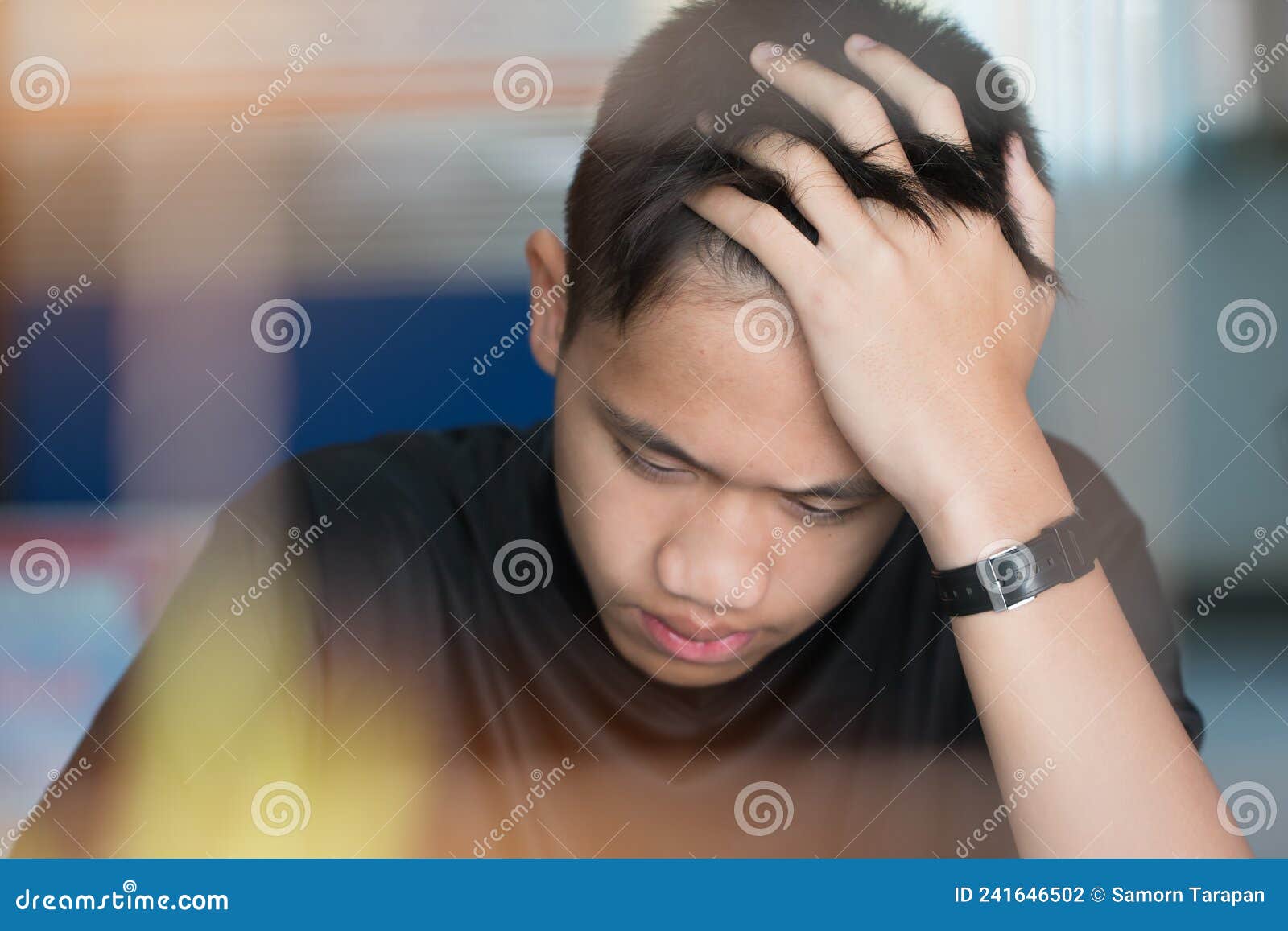 Education Test Concept : Asian Boy Student Studying Stressed Headaches ...
