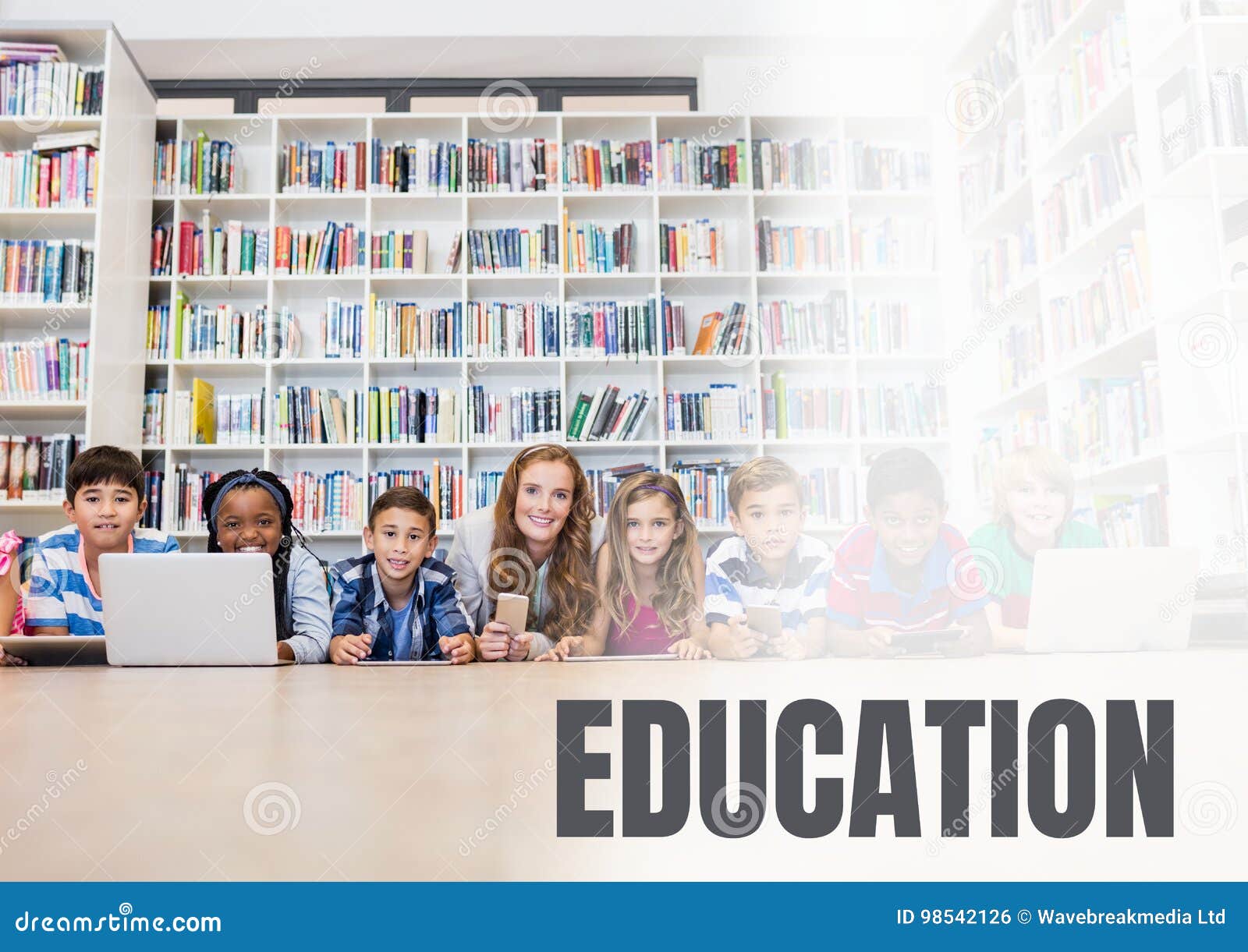 Education Text and Elementary School Teacher with Class in Library ...