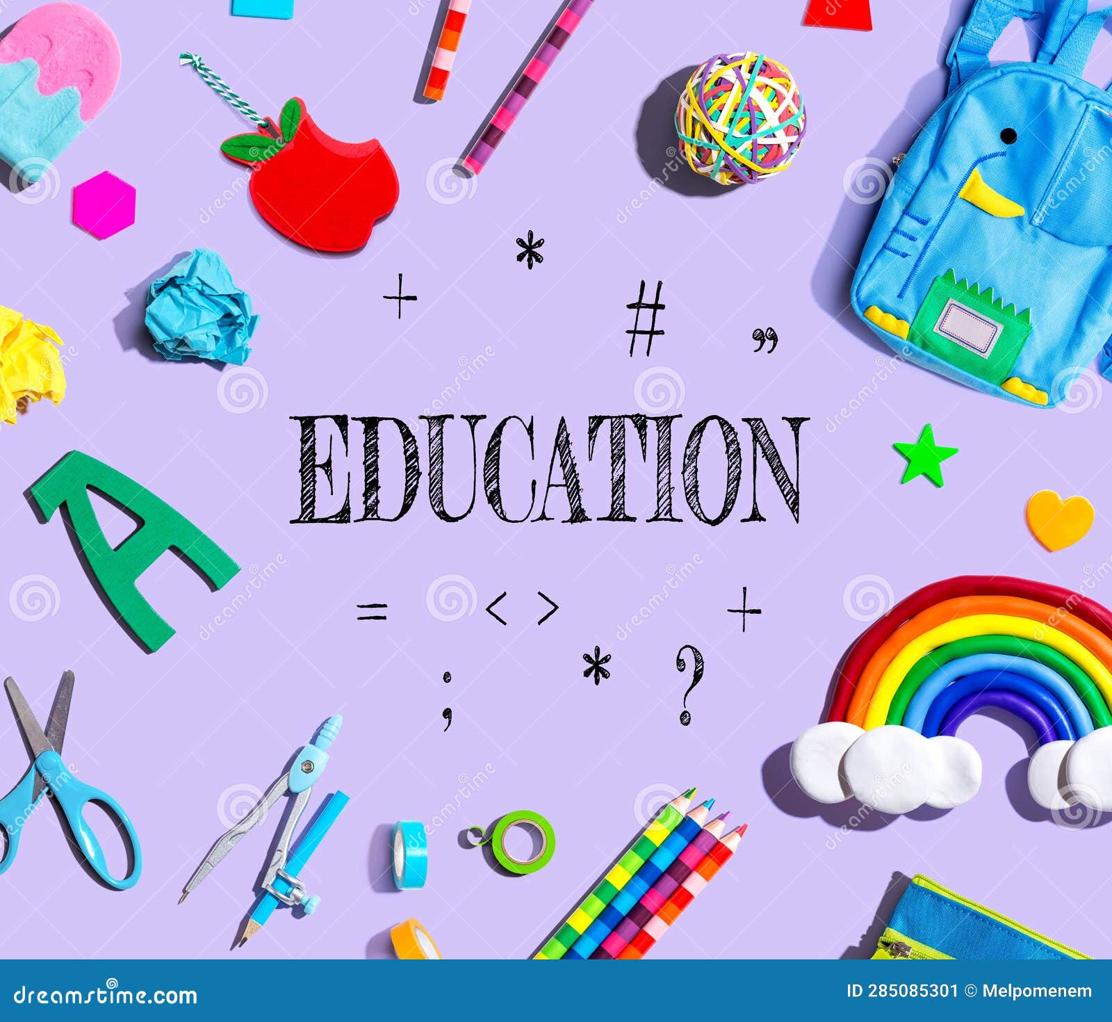 Education Theme with School Supplies on a Purple Background Stock Image ...