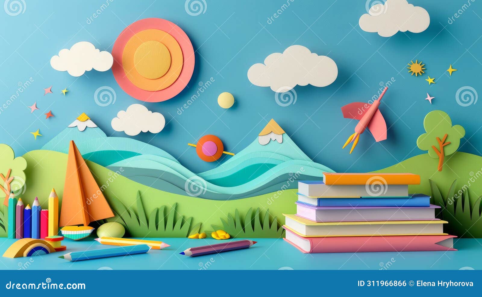 Education-themed Paper Art with Books, Sun, and Mountains, Learning ...