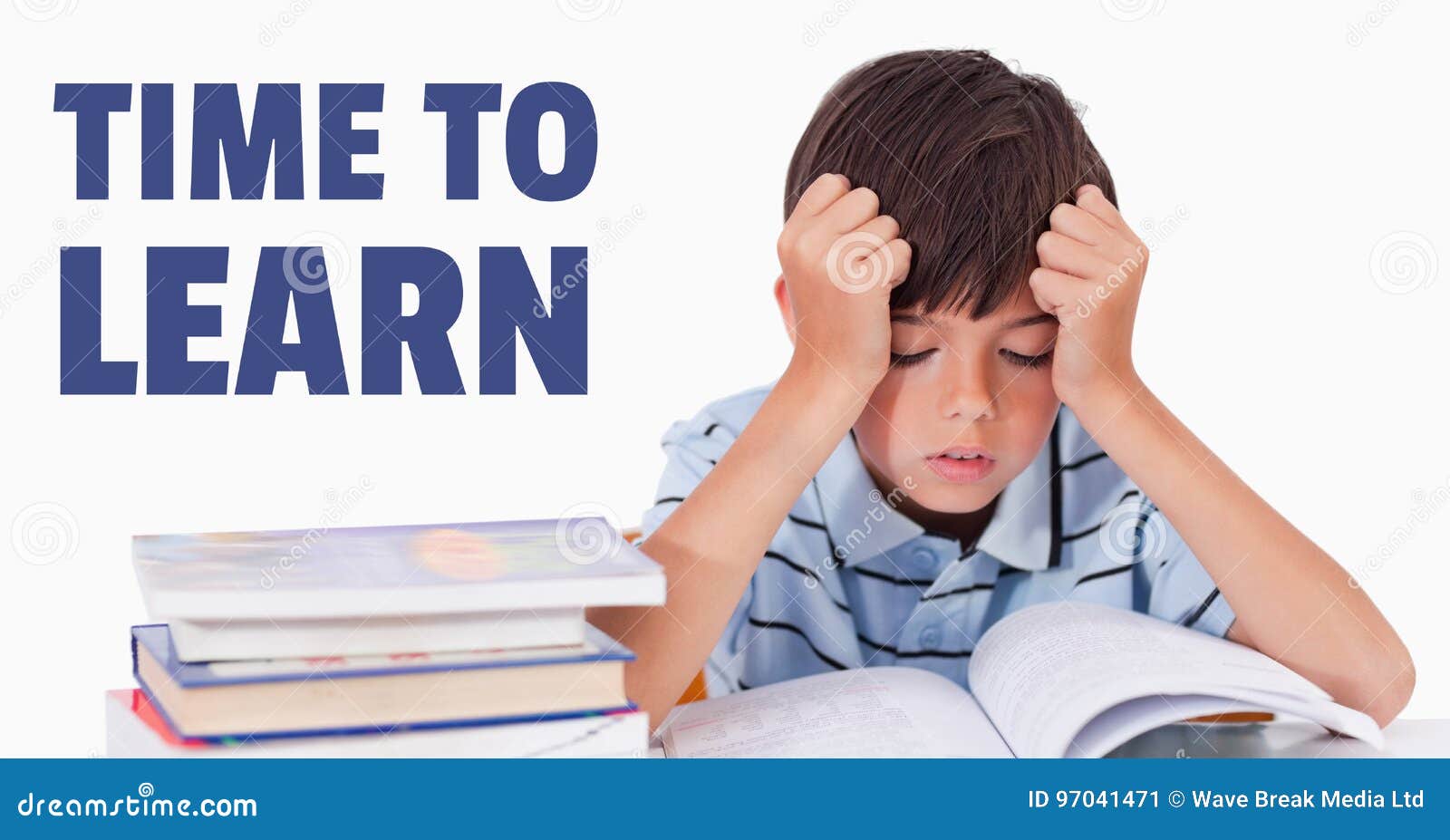 Education and Time To Learn Text and Frustrated Boy Reading a Book ...