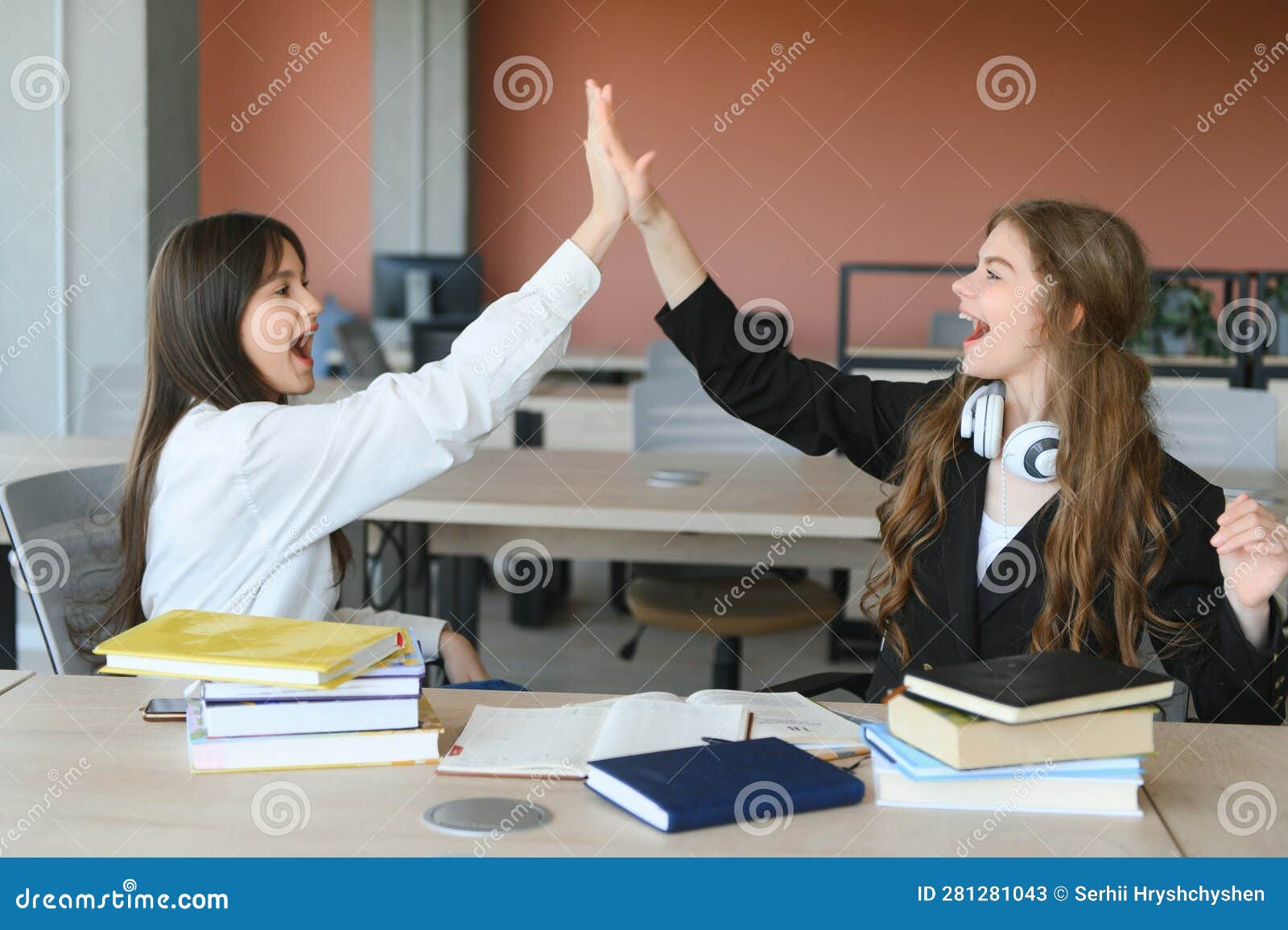 Education. Two Clever Modern Students in Black and White Uniform Study ...