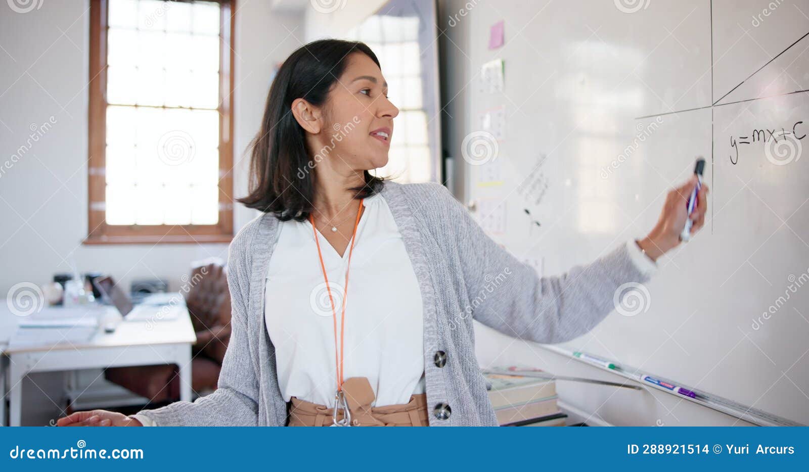 Education, Whiteboard and Teacher Doing Presentation in Classroom for ...