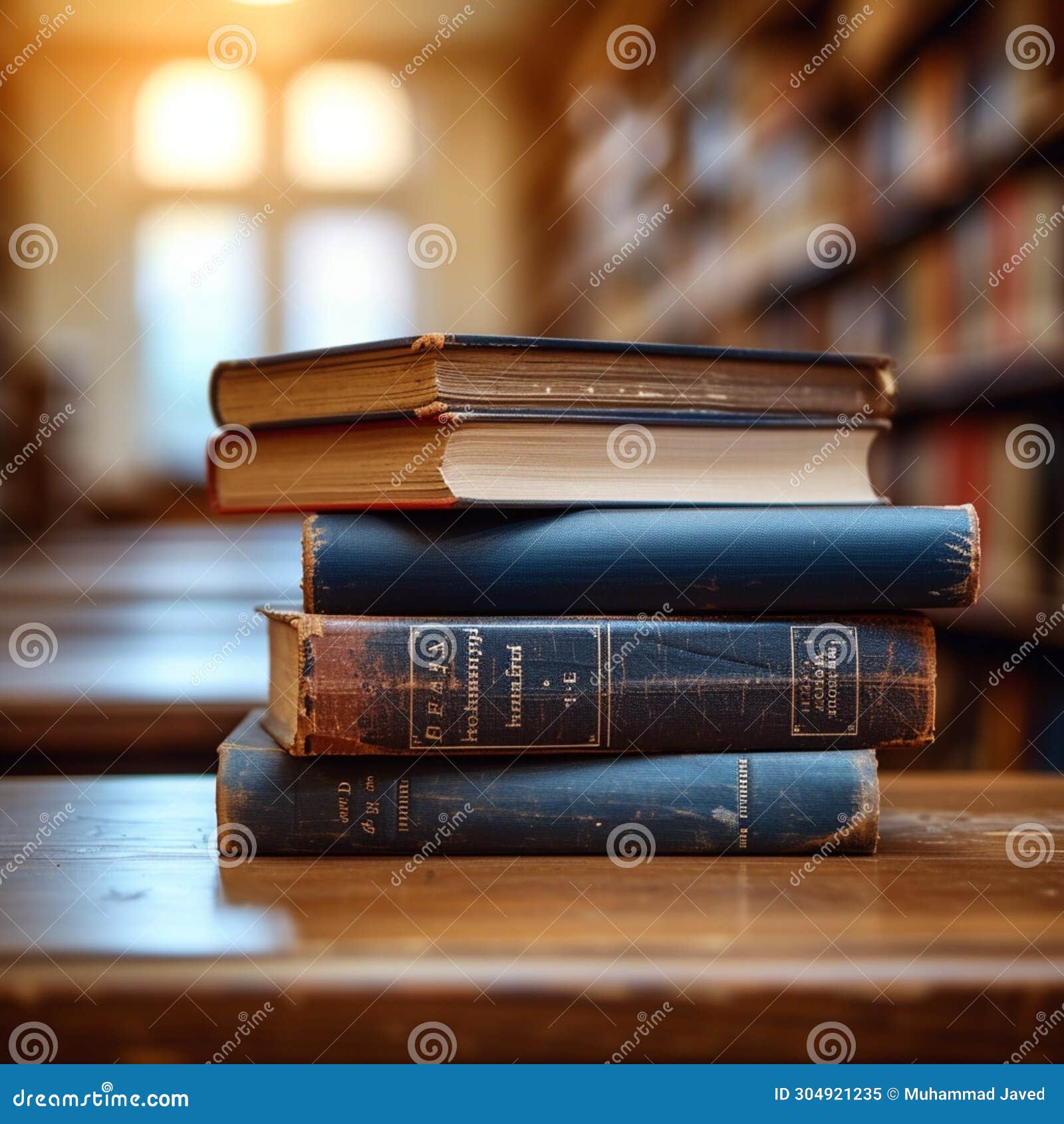 Educational Ambiance Book Stack in Library, Table, and Learning Stock ...