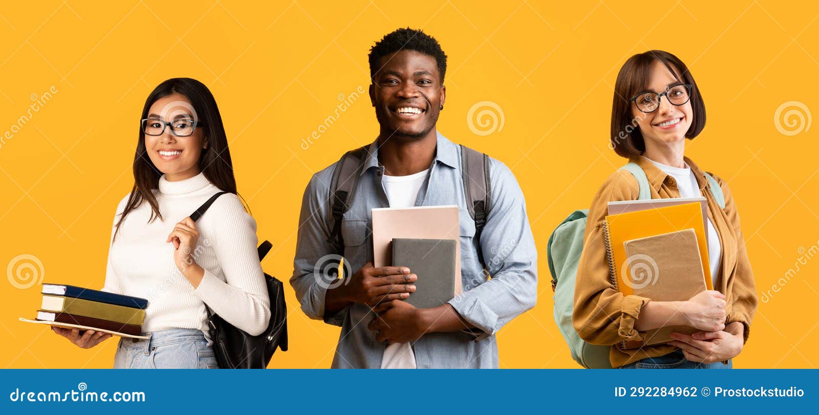 Educational Banner. Group of Multiethnic Students Posing Ober Yellow ...