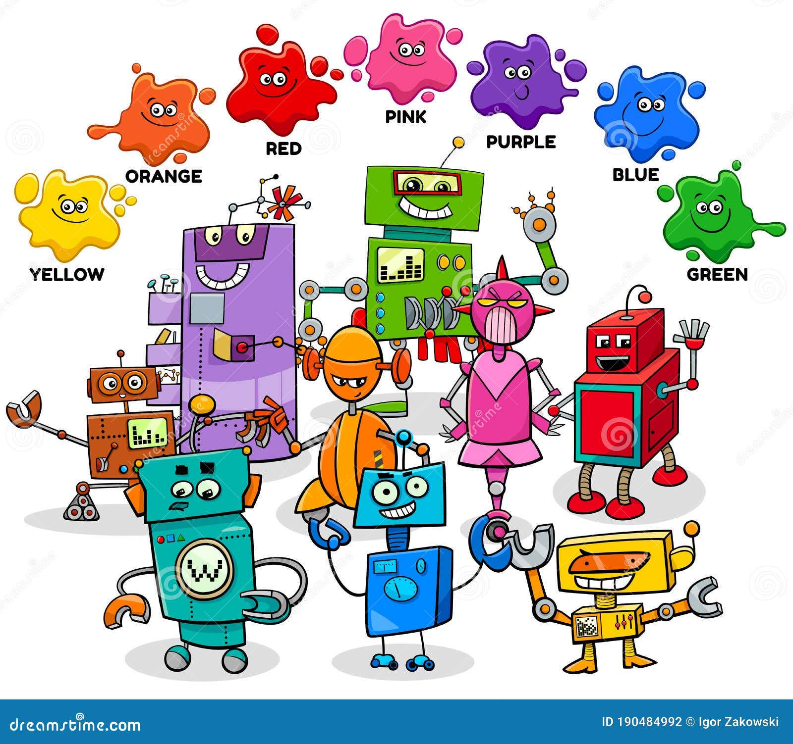 Basic Colors with Cartoon Robot Characters Group Stock Vector ...