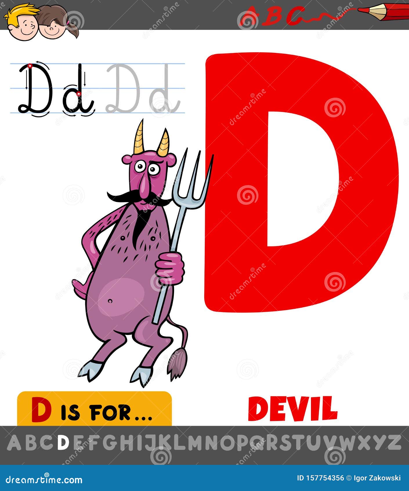 Letter D Worksheet with Cartoon Devil Stock Vector - Illustration of ...
