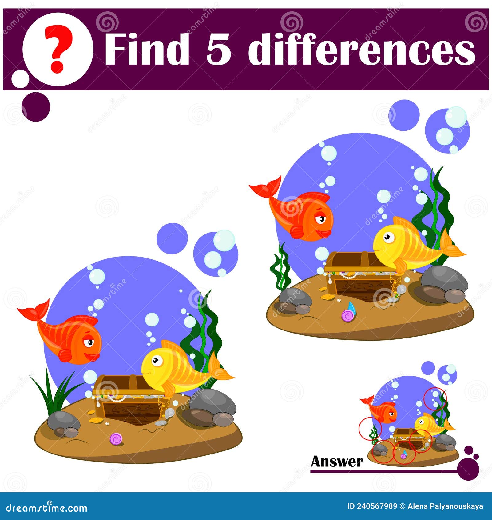 Educational Game: Find Differences. Cute Fish with a Treasure Chest on ...