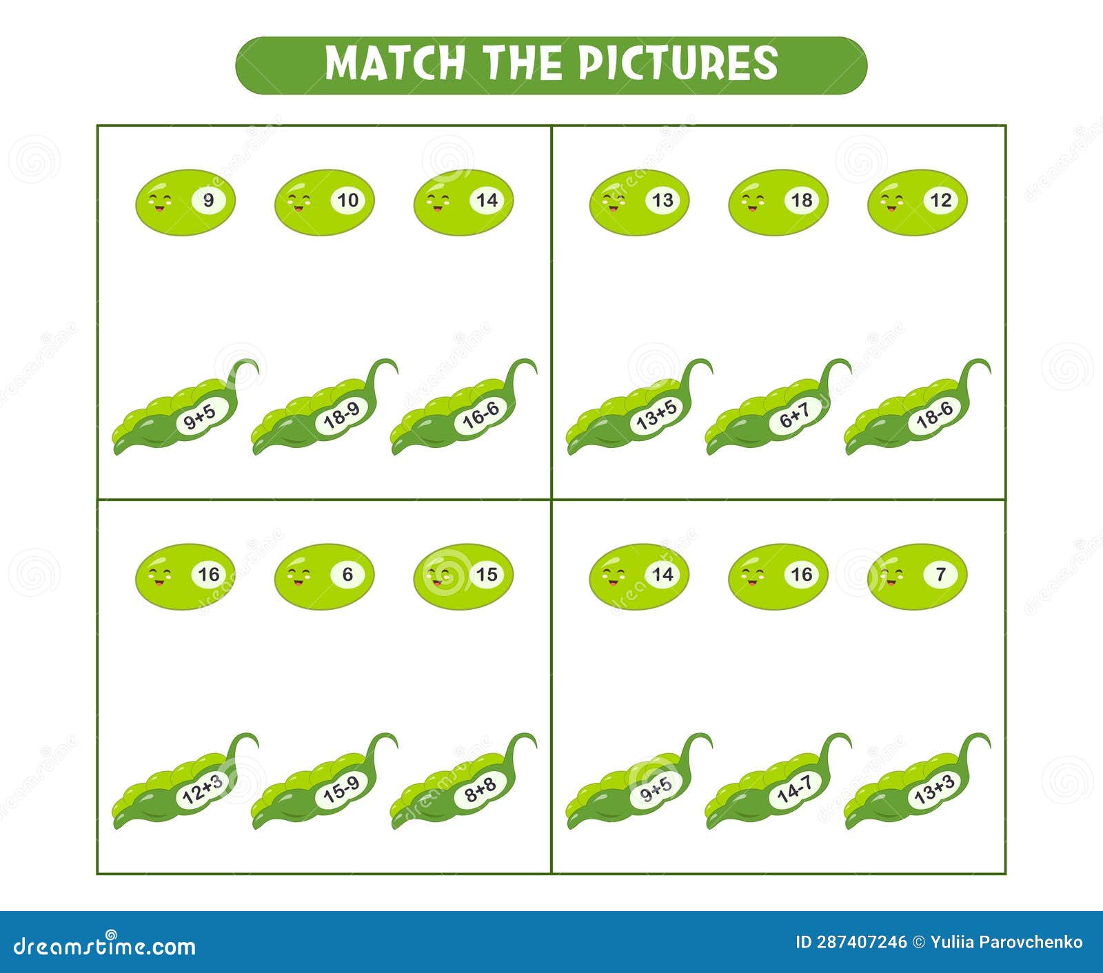 Educational Game for Kids, Math Activity Worksheet. Match Peas with ...