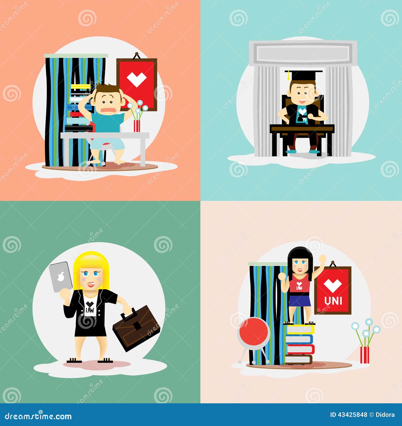 Educational Icons; Students in Different Situations Stock Vector ...