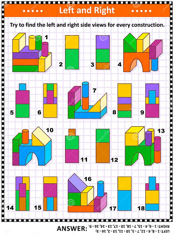 Find Left and Right Side Views Visual Math Puzzle with Building Blocks ...