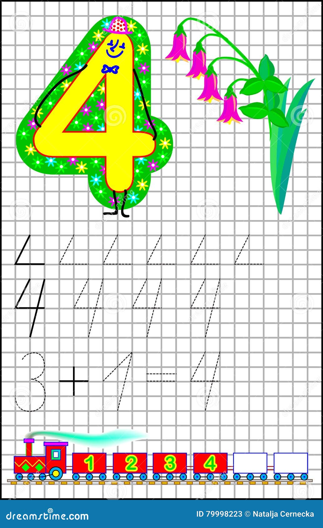 Educational Page for Children on a Square Paper with Number 4 ...