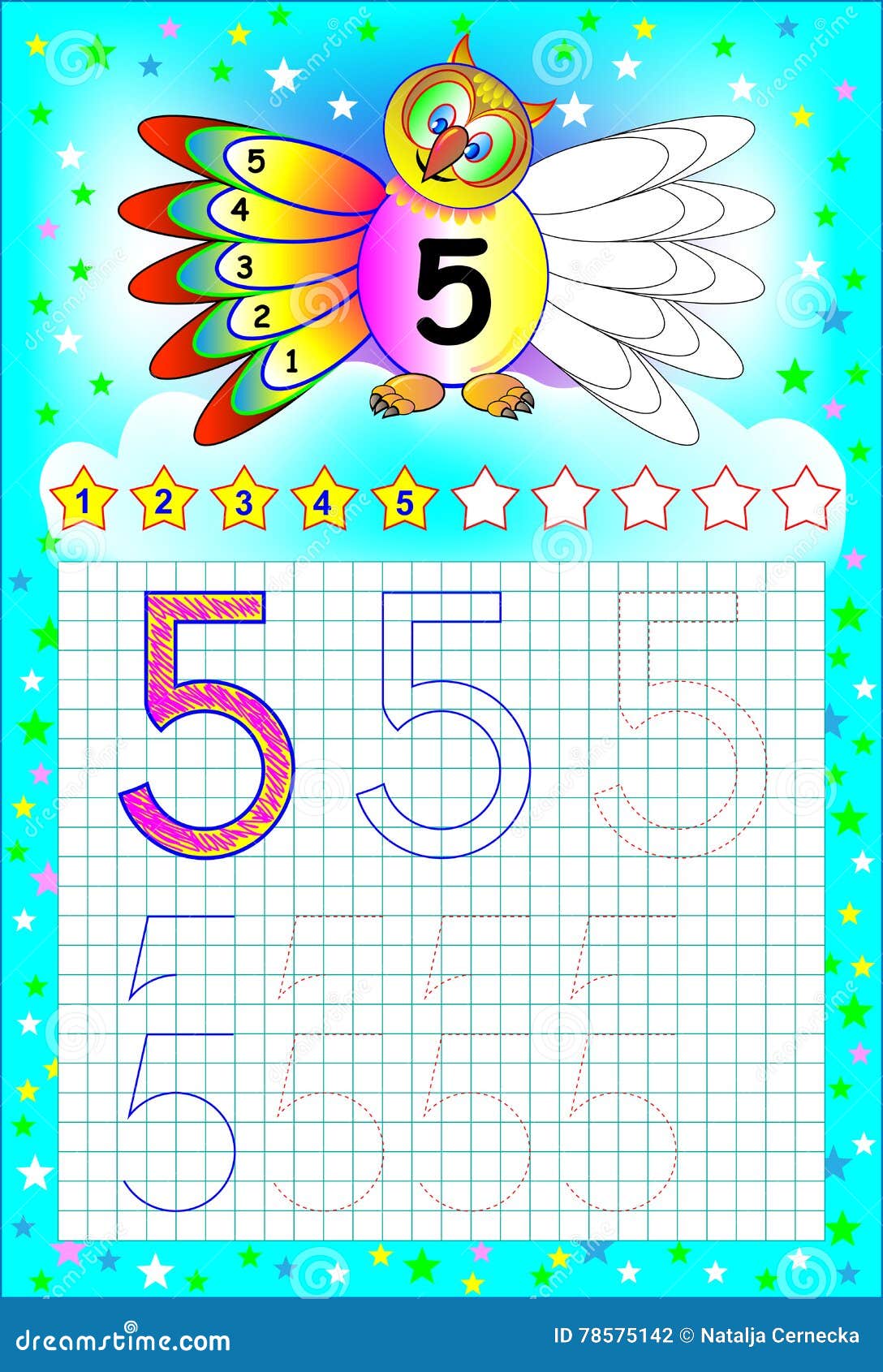 Educational Page for Children on a Square Paper with Number Five. Stock ...