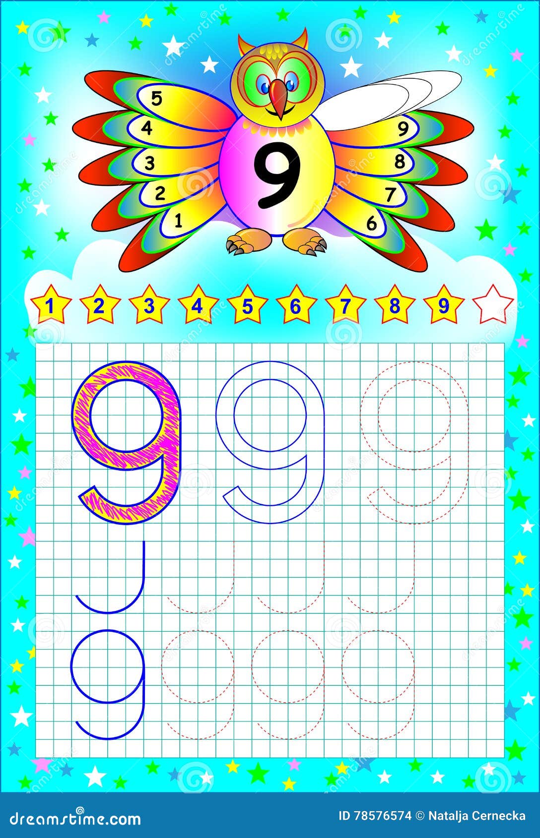 Educational Page for Children on a Square Paper with Number Nine. Stock ...